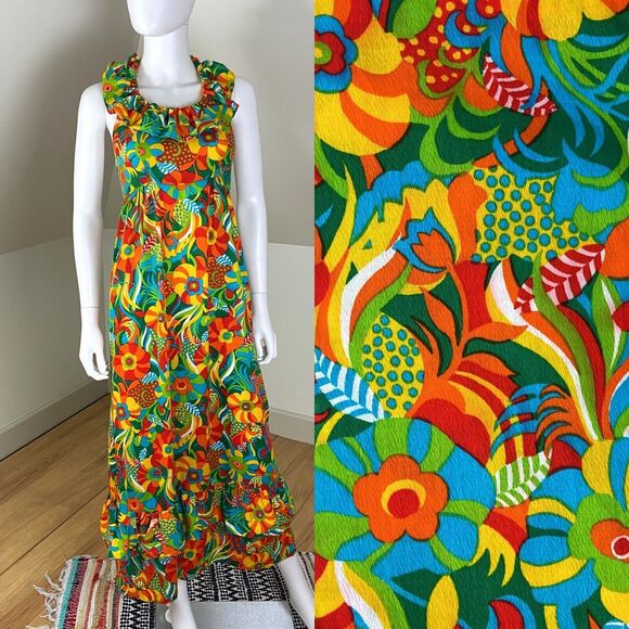 Unbranded | Dresses | Vintage 7s Bright Funky Bark Cloth Halter Maxi ...